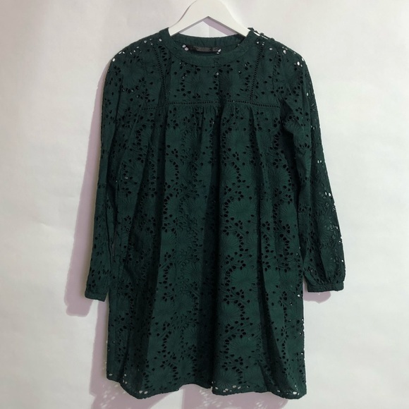 Zara | Dresses | Zara Trafaluc Forrest Green Eyelet Lace Long Sleeve Tunic Mini Dress X Small ...